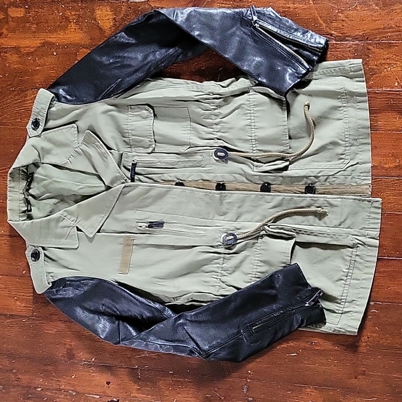 Zara | Jackets & Coats | Zara Utility Jacket With Leather Sleeves ...